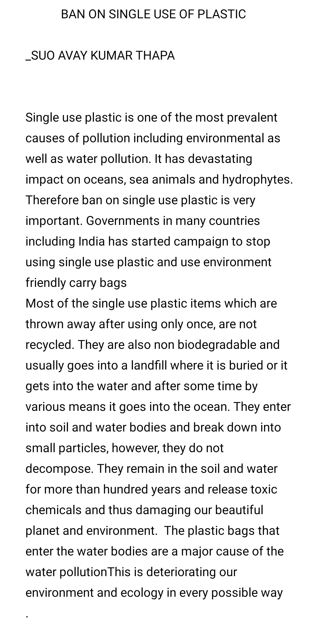 Ban on single use of plastic – India NCC