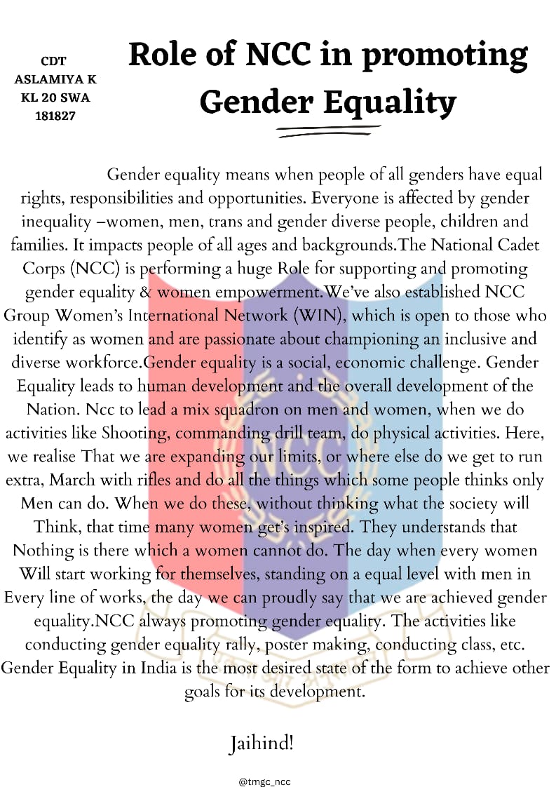 Role of NCC in promoting gender equality – India NCC