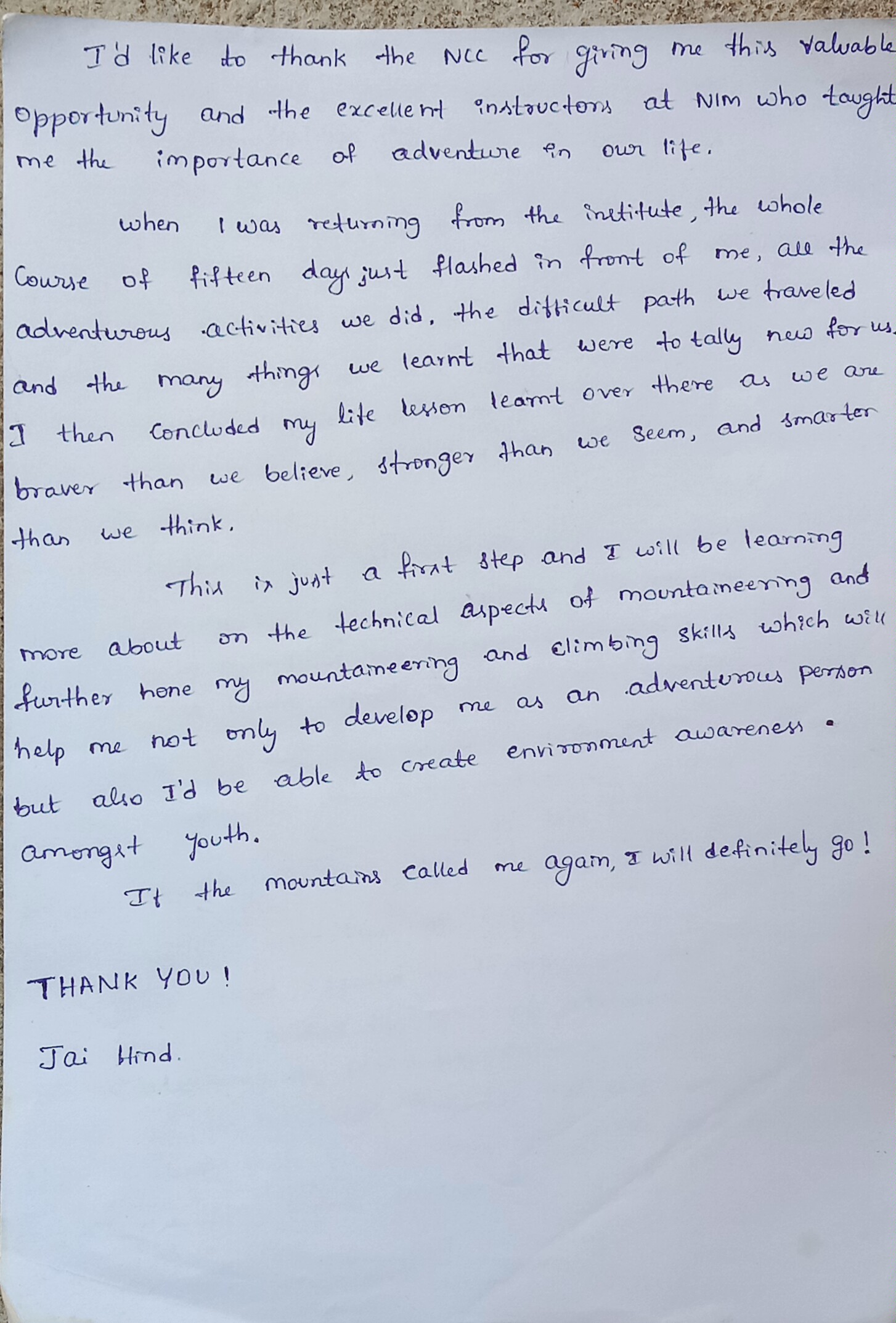 Adventure course experience – India NCC