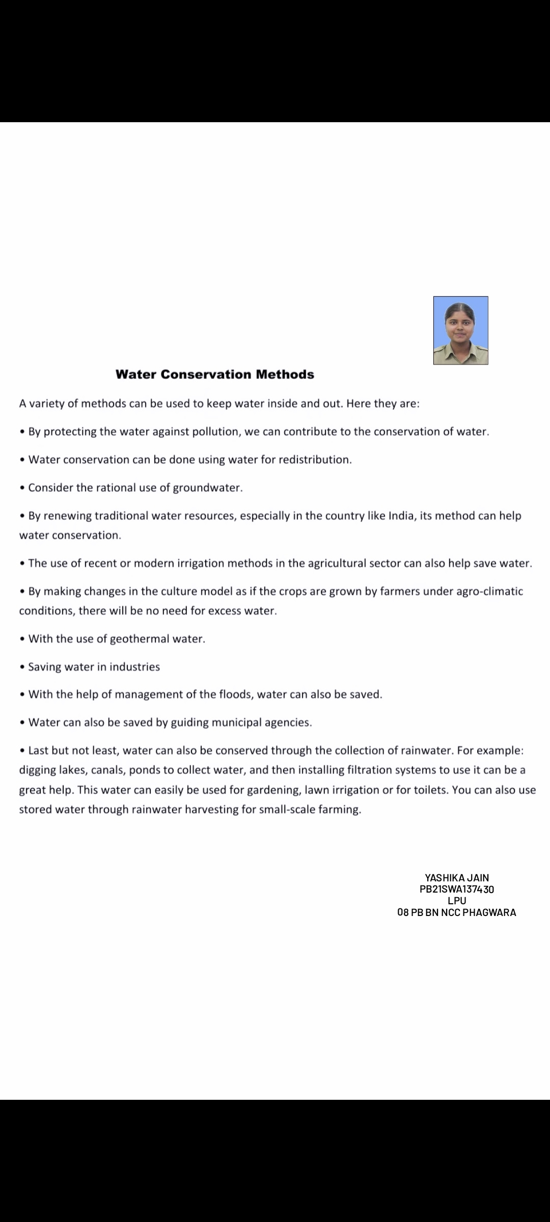 Water conservation method – India NCC